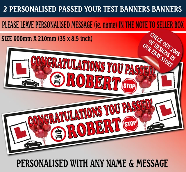 CONGRATULATIONS ON PASSING Your Test Driving Exam Banner personalised ...