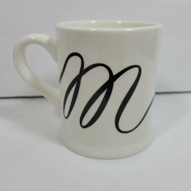 INDIGO CURSIVE LETTER M Monogram White Cup Coffee Tea Mug Black Letter ...