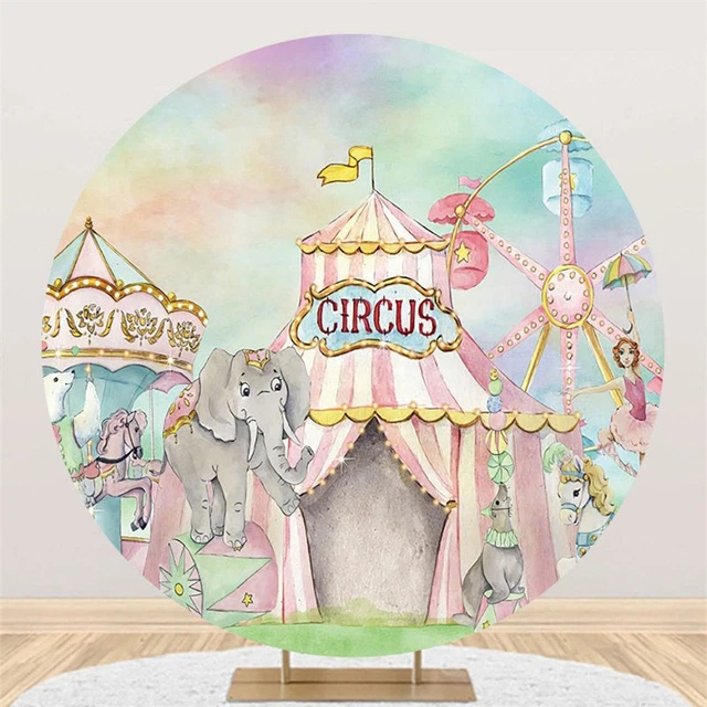 PINK CIRCUS ANIMALS Round Happy Birthday Party Backdrop $35.97 ...