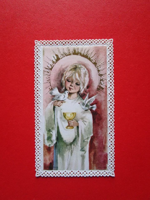 ALTES HEILIGENBILDCHEN MIT Spitze 1970 Kommunion Jesus als Kind Tauben ...