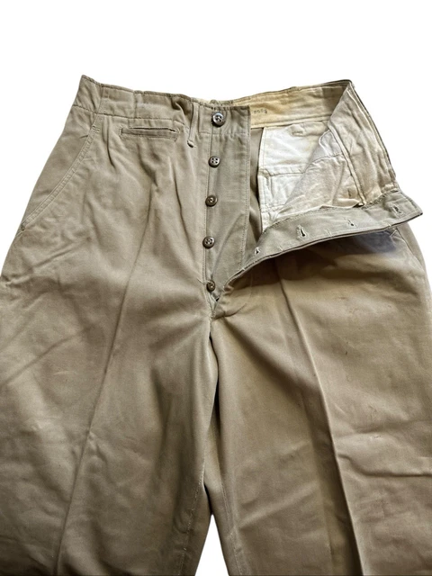 VINTAGE 40S BUTTON Fly Cotton Chino Trousers Khaki 1940s 29x31 Ww2 War ...