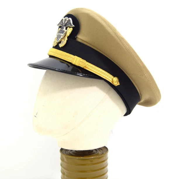 WW2 US NAVY Officers Peak Cap Repro Dress Uniform Cap Military Army Tan ...