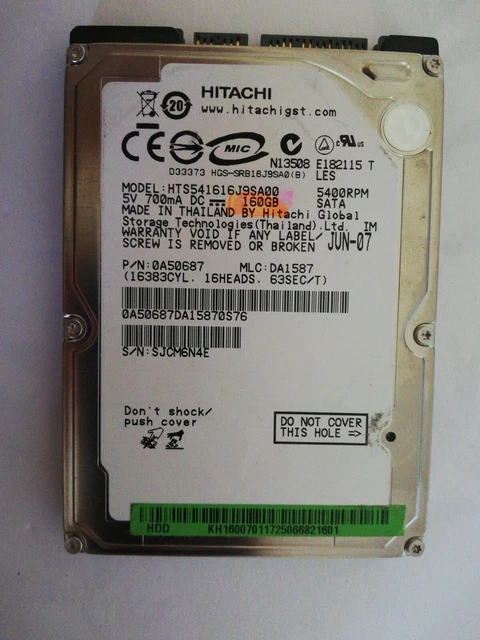 HARD DISK SATA Hitachi 160 Gb 2,5" 5400 Rpm Testati 100% (12) EUR 5,90 ...