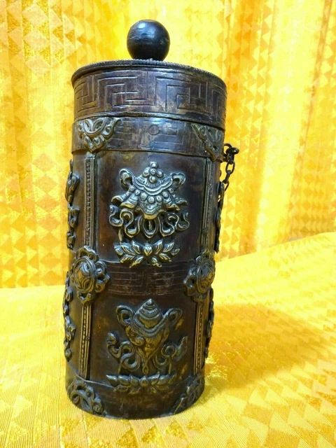 TIBETAN BUDDHIST CONTAINER Pot Copper Silver Auspicious Symbols Antique ...