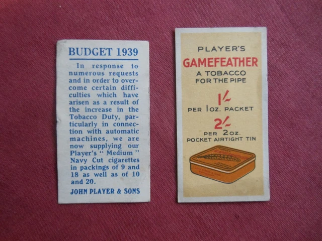 PLAYERS CIGARETTES X2 rare vintage packet inserts: Budget 1939 ...