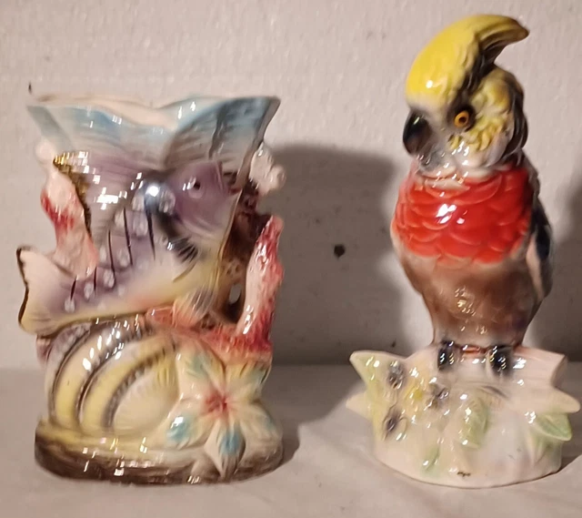 VINTAGE RETRO JEMA Holland Lustre Ware Glaze Parrot & Nautical Fish ...