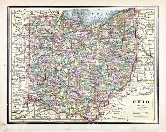 1889 OHIO MAP ORIGINAL Dayton Akron Cleveland Sandusky Columbus ...