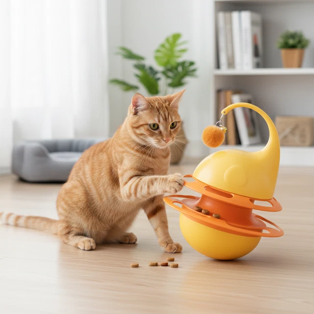 CAT TOY ROLLER Slow Food Dispensing with Bell Ball for Apartment ...