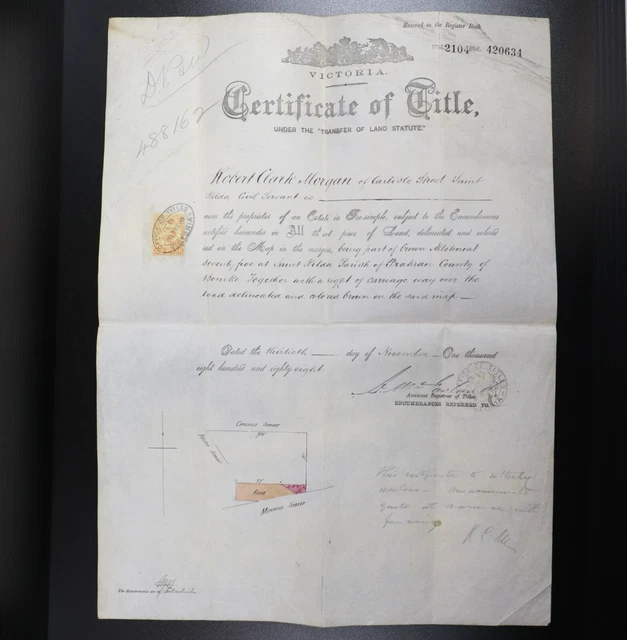 1888 VICTORIAN LAND Title Certificate Saint Kilda Melbourne Manuscript ...