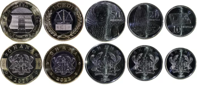 GHANA (5) SET 10+20+50 Pesewas 2016/2020, 1 Cedi 2022, 2 Cedis 2019 UNC ...