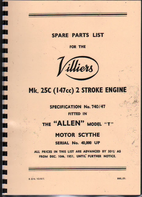 VILLIERS MK.25C (ALLEN Motor Scythe) Engine Illustratated Spare Parts ...