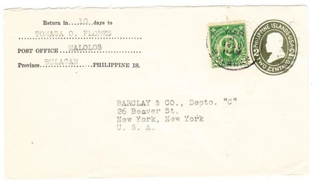 PHILIPPINES POSTAL ENVELOPE-SC#U40-UPRATED SC#290-MALOLOS MAR/4/1927 ...