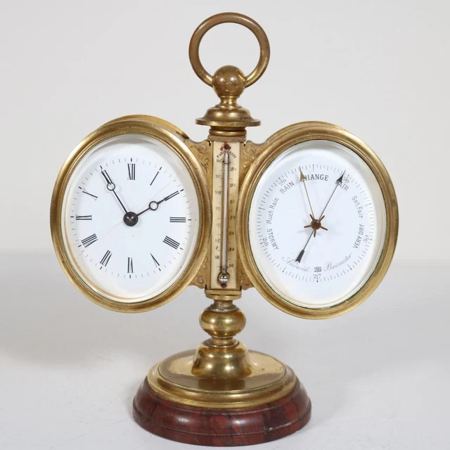 ANTIQUE CARRIAGE CLOCK with BAROMETER & THERMOMETER desk set MARBLE ...