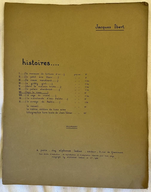 BAJO LA MESA Jacques Ibert Histoires... 1922 Spartito Pianoforte Piano ...