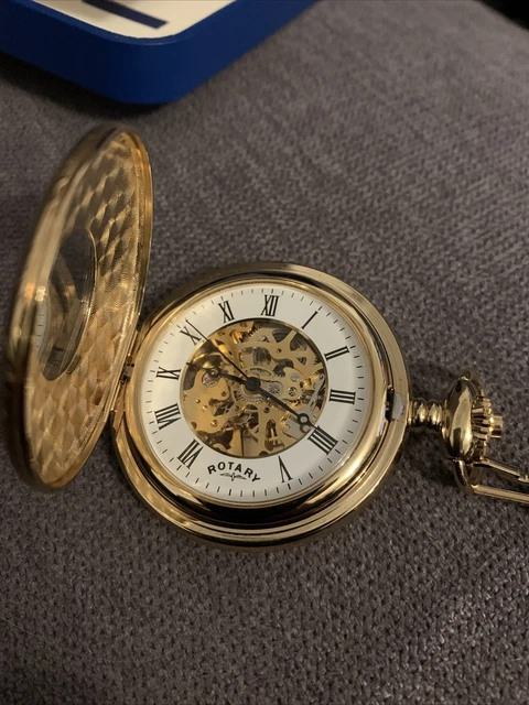 ROTARY MEN'S GOLD Tone Half Hunter Mechanical Skeleton Pocket Watch ...