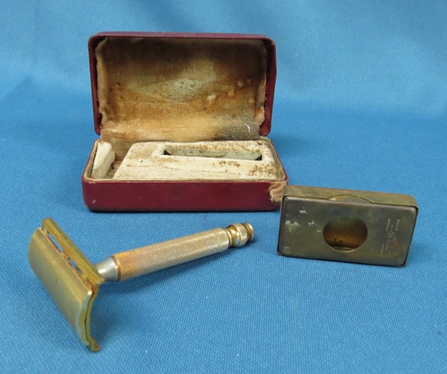 VINTAGE EARLY GILLETTE Gold Tone Safety Razor with Tin Razor Box in ...