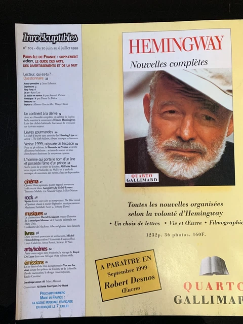 LES INROCKUPTIBLES 30/06/1999; Ali Farka Touré/ Ernest Hemingway ...