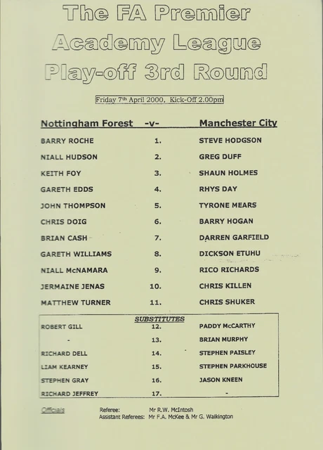 3 X NOTTINGHAM Forest v Manchester City academy league team sheets £2. ...