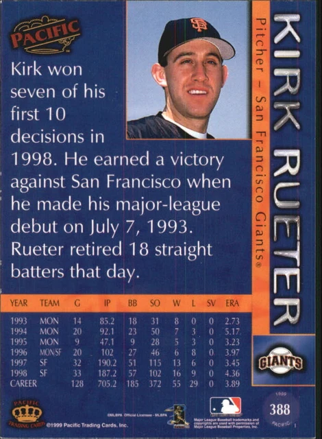 CARTE DE BASEBALL 1999 Pacific San Francisco Giants #388 Kirk Rueter ...