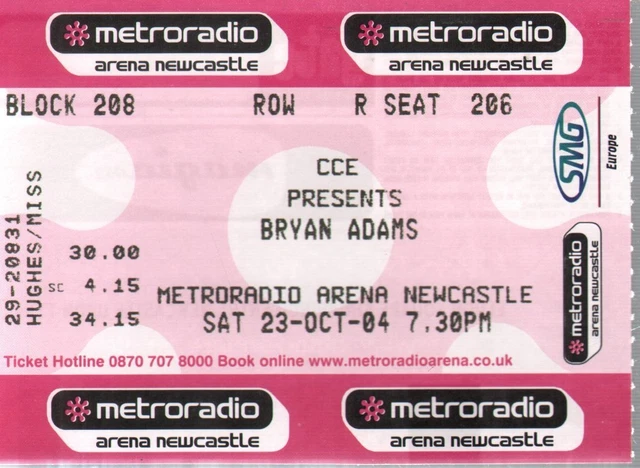 BRYAN ADAMS NEWCASTLE Metroradio Arena 23rd October 2004 ticket UK 2004 ...