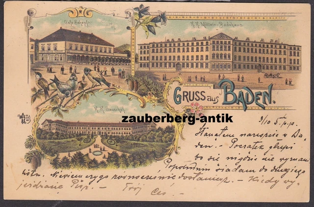 24720 GRUSS AUS Baden bei Wien K.k. Militär Badehaus & K.k. Sauerhof Litho 1897 EUR 12,00 ...