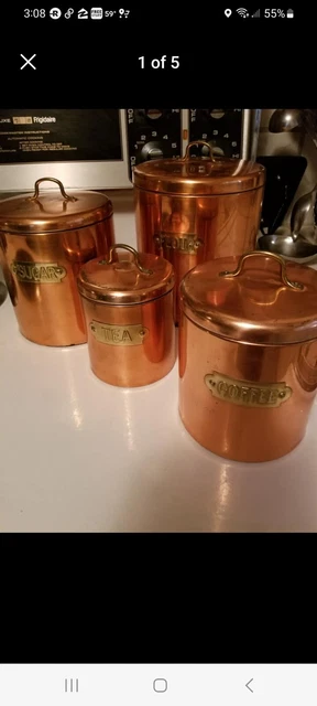 VINTAGE COPPER BRASS Nesting Canister Set Lids Flour Sugar Coffee Tea ...