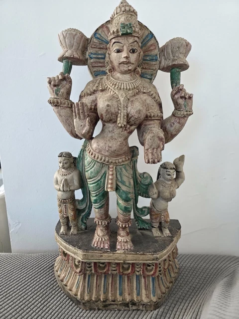 ESCULTURA ANTIGUA TALLADA Amaño - Diosa Indu Lakshmi- Madera ...