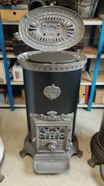 POÊLE À BOIS Godin ovale 3727 Emaillé Gris sortie 125mm 6,5Kw restauré ...