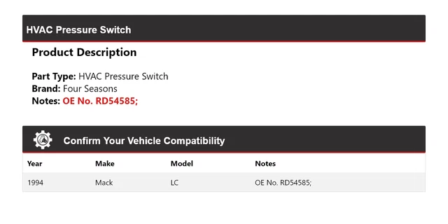 FOR 1994 MACK LC HVAC Pressure Switch 4 Seasons $110.57 - PicClick CA