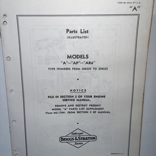 VINTAGE BRIGGS STRATTON Illustrated Parts List Models A - Ar6 208250 ...