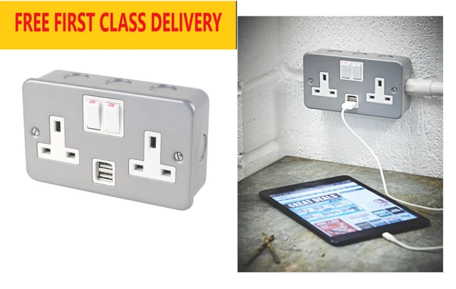 Wall Socket Heavy-Duty Metal Clad Double Socket With 2 USB Ports – 13 ...