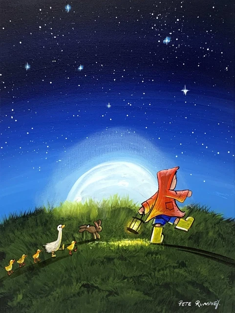 PETE RUMNEY ART Painting Marching Home Under The Stars Moonlight Rabbit ...