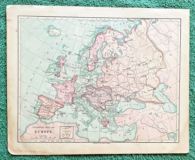 1882 ANTIQUE COLOR Map ~ POLITICAL MAP of EUROPE ~ Large ~ Original ...