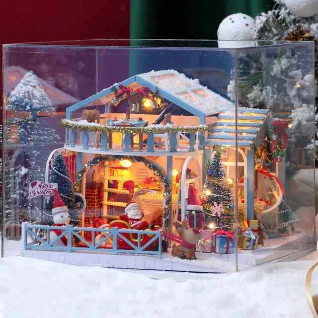 DIY DOLLHOUSE KRISMAS Kayu Perabot Kecil Kit dengan Led Hadiah Hari ...