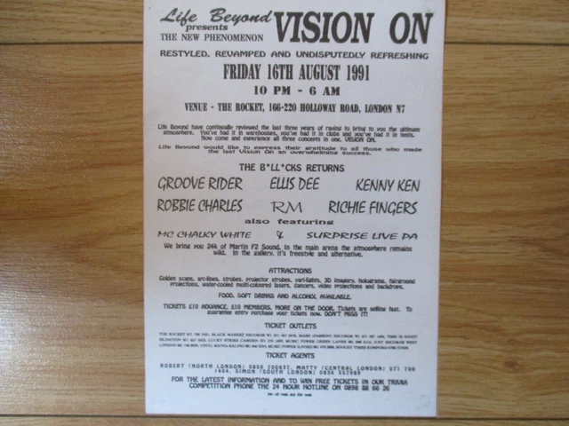 LIFE BEYOND -VISION On Aug 91 @ The Rocket London A5 Rave Flyer £4.35 ...