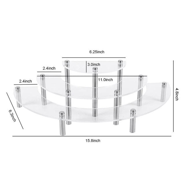 CLEAR ACRYLIC 3 Tier Tabletop Display Half Moon Shelf Riser w/ Silver ...