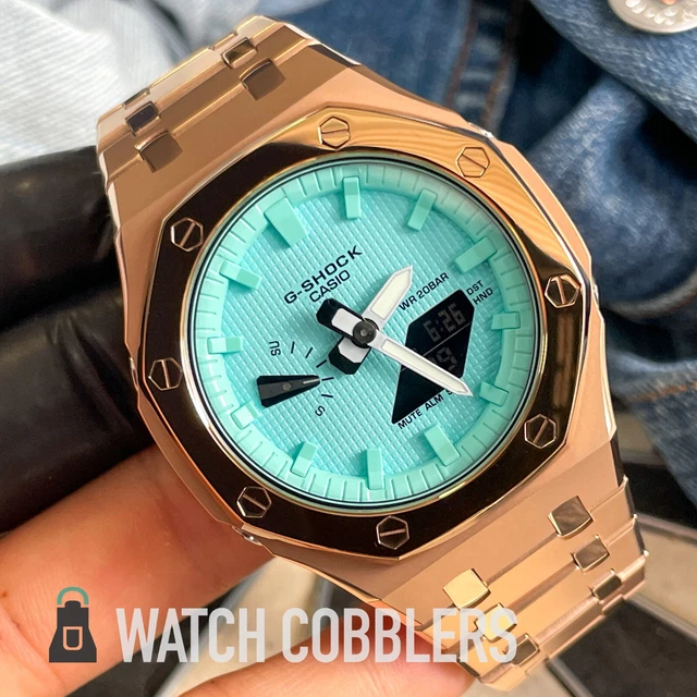 CUSTOM ROSE GOLD Tiffany Blue Waffle Mod Polished Steel G-Shock Casioak ...