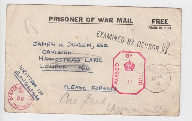 WW2 'BOMBARDMENT OF Palestine' Jewish Internee Canada 1940 CENSOR POW ...