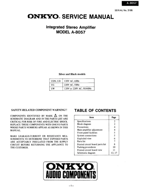 SERVICE MANUEL D'INSTRUCTIONS pour ONKYO A-8057 EUR 10,60 - PicClick FR