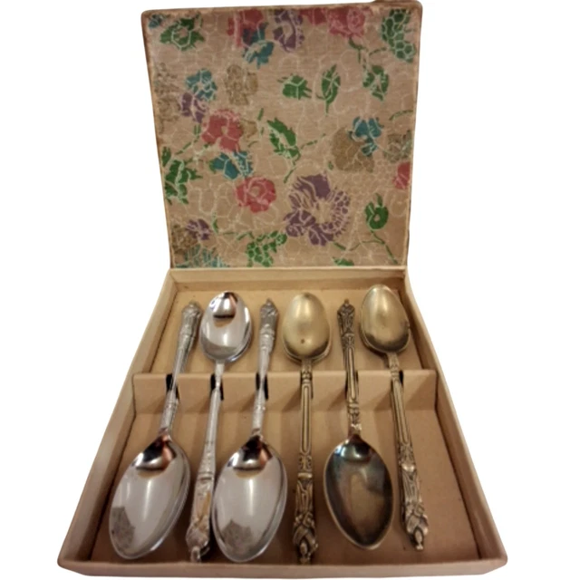 VINTAGE SILVER PLATE Spoon Set Apostle Design in Decorative Box ...