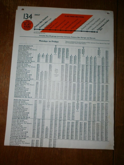 LONDON TRANSPORT BUS Stop Timetable Panel-Route 134, 1981 £1.50 ...