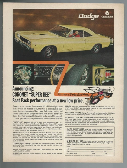 1968 DODGE CORONET advertisement, Coronet SUPER BEE print ad $11.49 ...