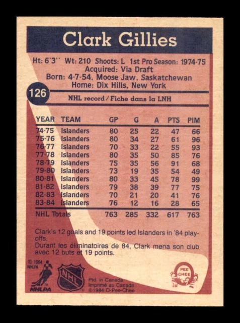 1984-85 O-PEE-CHEE CLARK Gillies #126 Islanders de New York comme neuf ...