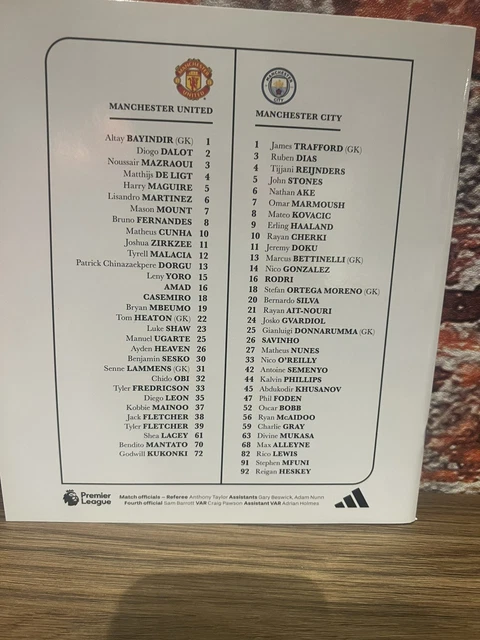 MANCHESTER UNITED VS Manchester City 17/1/26 Match Programme FA Premier ...