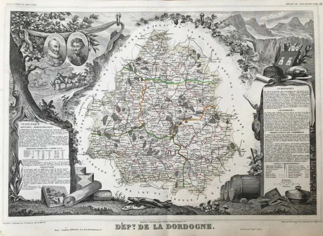 FRANCE DÉPARTEMENT DE la Dordogne, map Atlas National Illustré, 1850 £ ...