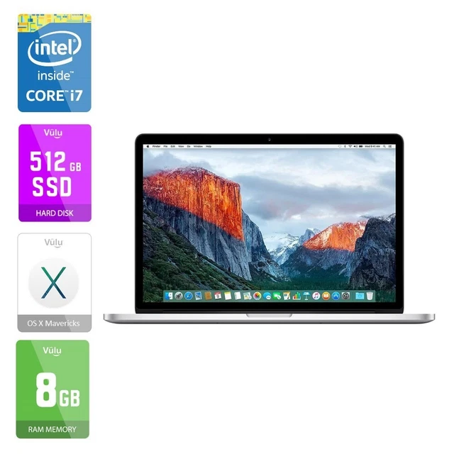 APPLE MACBOOK PRO A1398 15” Retina i7-4750HQ 8GB 512GB Webcam Mac OS X ...