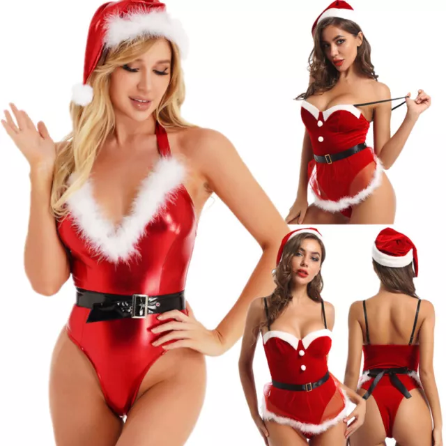 Damen Sexy Leder Frau Claus Santa Dessous Anzug Body Mit Hut