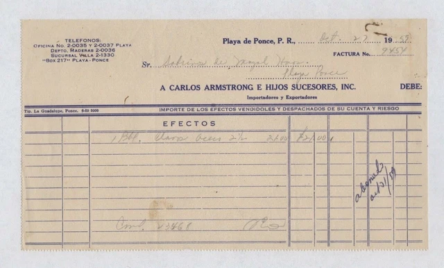 ANCIENNE FACTURE COMMERCIALE / Carlos Armstrong / Ponce Porto Rico ...