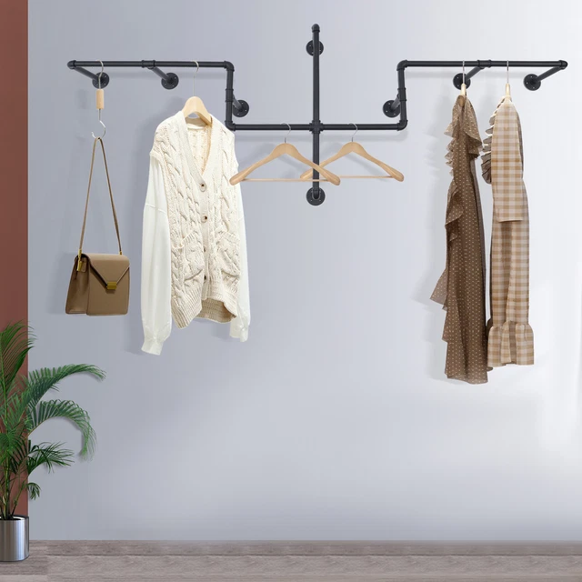 WALL MOUNTED GARMENT Rack Industrial Pipe Clothes Hanging Bar Display ...