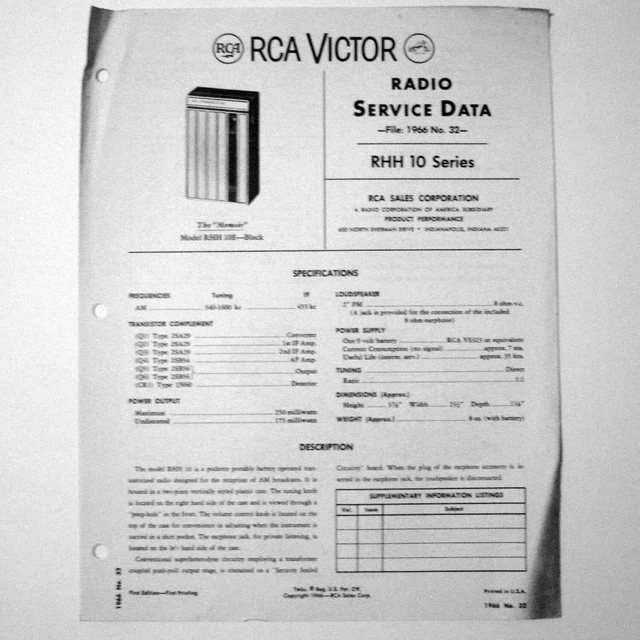 RCA ® MODEL RHH 10 Series Portable Transistor Radio Service Manual ...